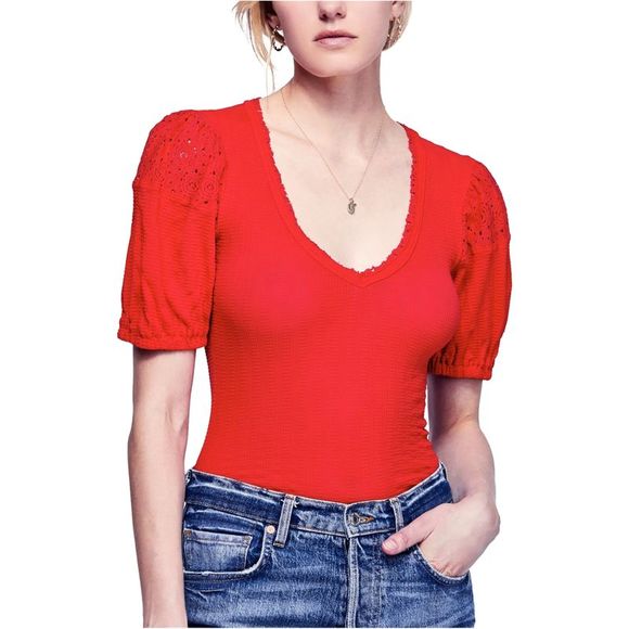 Free People | Tops | Free People Womens Laceinset Knit Blouse Red Dm ...
